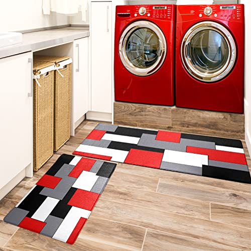 FNLNDO Red Black Grey White Kitchen Rugs and Mats Set of 2 Cushioned Anti Fatigue Kitchen Rugs Set Geometric Non-Skid Washable Kitchen Mats for Kitchen Sink Laundry