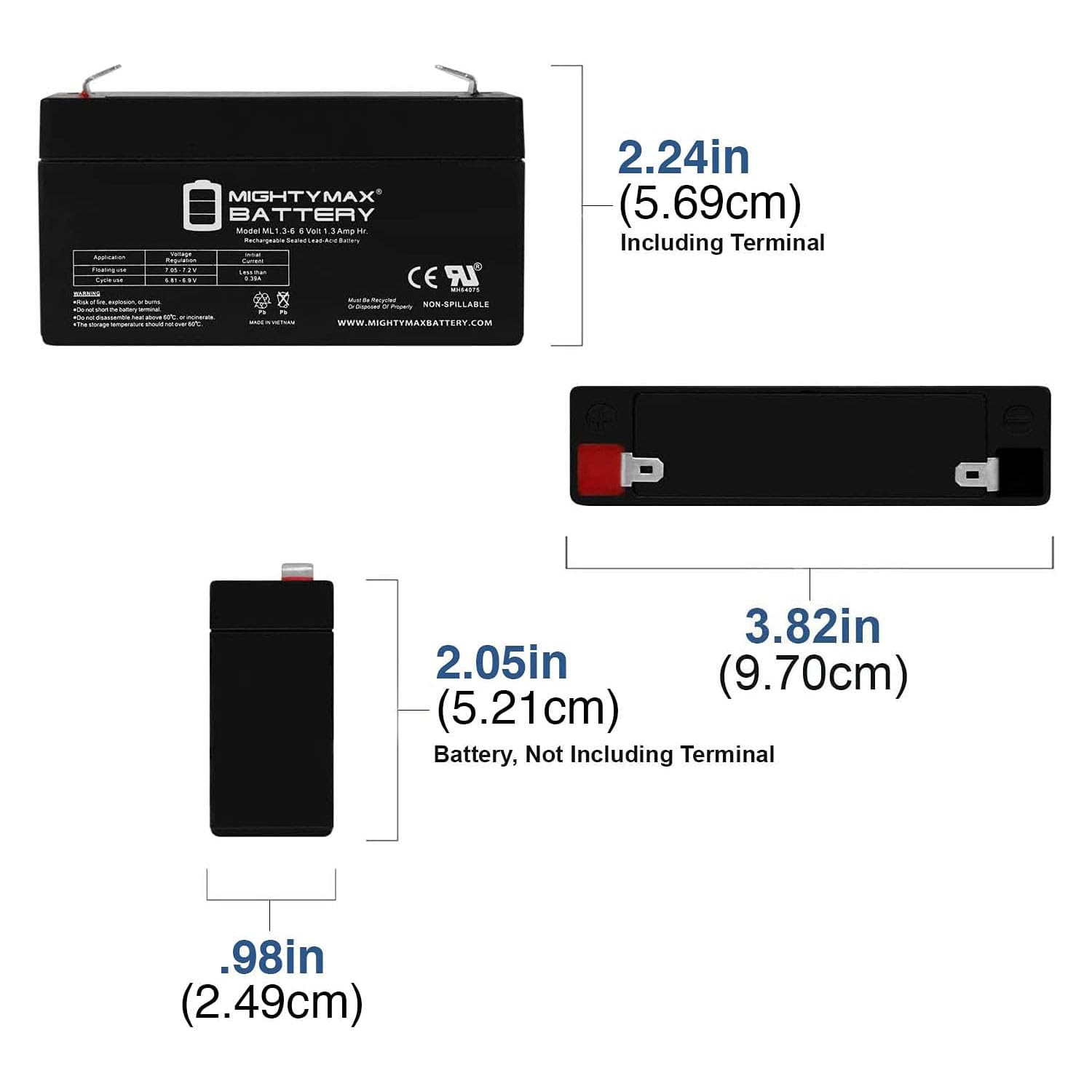 ML1.3-6 - 6 Volt 1.3 AH, F1 Terminal, Rechargeable SLA AGM Battery