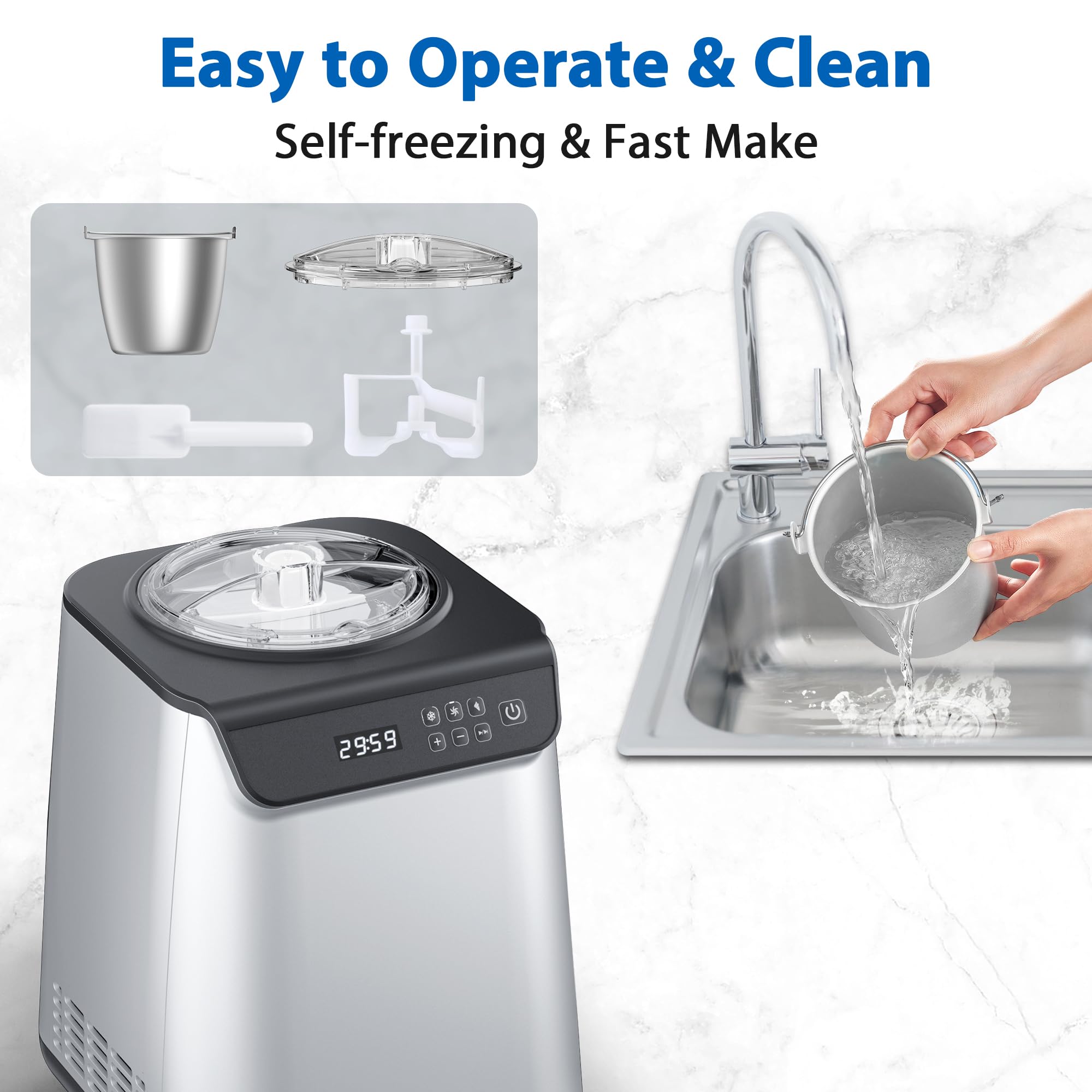 COWSAR 1.3 Quart Ice Cream Maker Machine with Built-in Compressor, Fully Automatic and No Pre-freezing, 1 Hour Keep-Cooling, Easy to Clean, Stainless Steel
