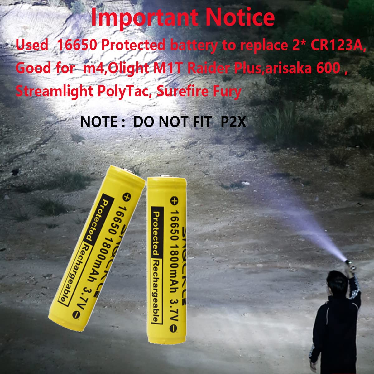 funkawa (2- Pack) Shockli 16650 1800mAh Rechargeable 3.7V Batteries[ Replacement for 2 x CR123 ] - Protected Battery