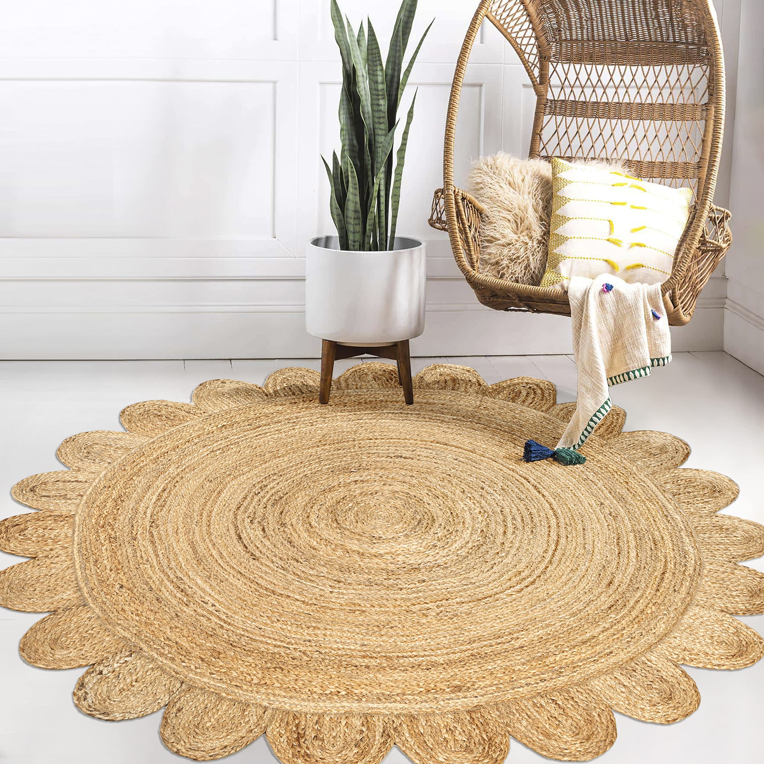 JONATHAN Y RNF112A-6R Petal Boho Jute Scalloped Circle Indoor Area -Rug, Cottage, Bohemian, Rustic Easy -Cleaning,Bedroom,Kitchen,Living Room,Non Shedding, Natural, 6' Round