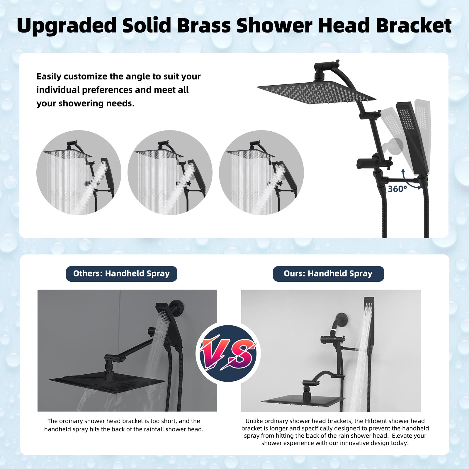 Hibbent All Metal 10'' Rainfall Shower Head, Square Shower Head Combo, High Pressure Handheld Shower Wand, 16'' Adjustable Arc-shaped Shower Extension Arm, 71'' Hose, 2 Showerhead Holders, Matte Black