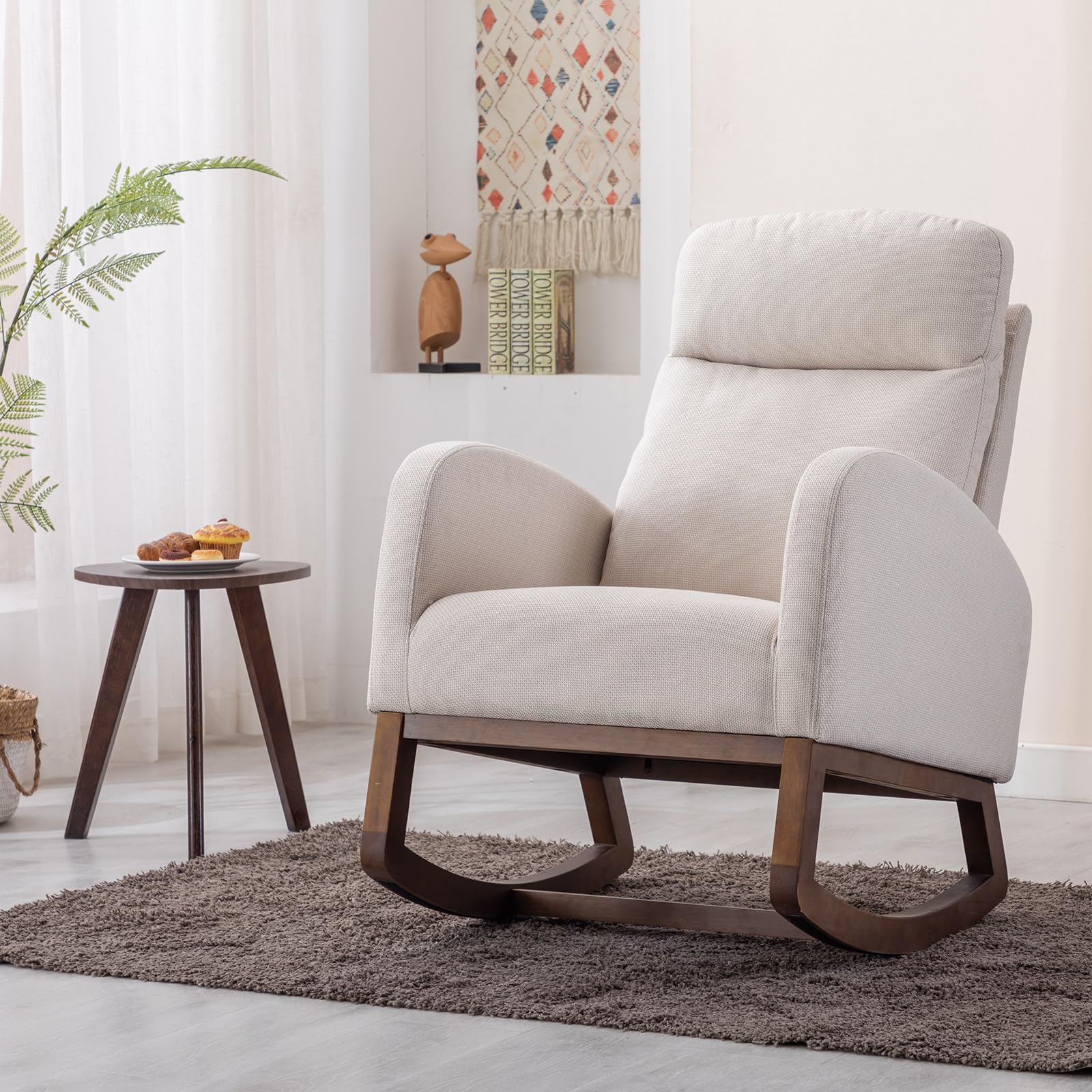 BIGTREE Modern Rocking Chair, Nursery Glider Rocker with Upholstered 2 Side Pocket Comfortable Armchair and High Backrest Accent Indoor for Living Room Lounge