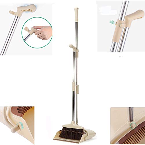 Broom and Dustpan Set Upright Self-Cleaning Sweeping Standing Set Use for Office Kitchen Home and Lobby Broom and Dustpan Combo (Beige)