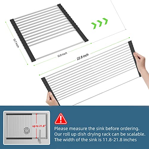 DMJWAN Roll Up Dish Drying Rack,Foldable Sink Rack with 2 Storage Baskets, Rollup & Stretchable,SUS304 Stainless Steel , for Kitchen Dishes,(Expandable Size22.8" X 12.7")