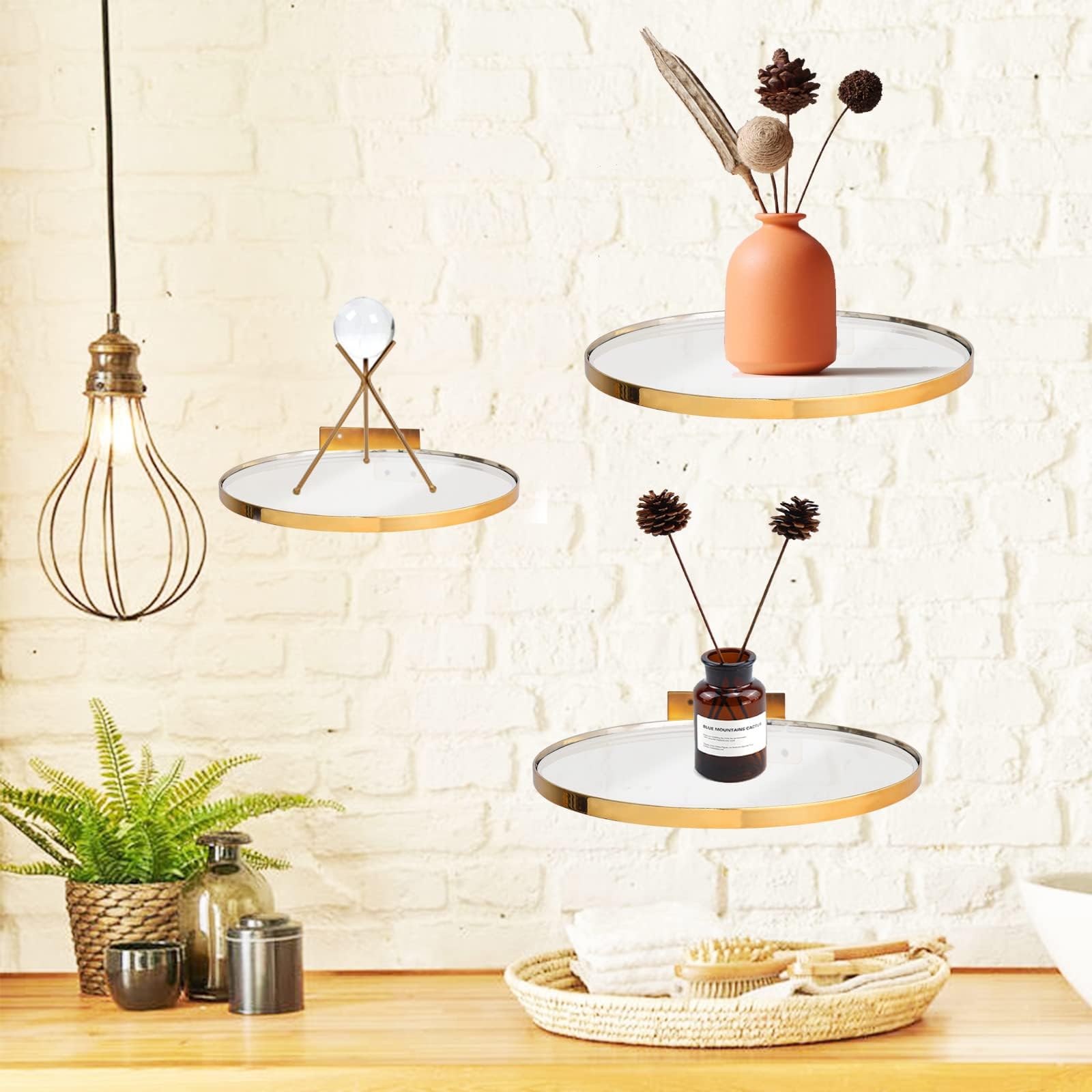 Cityelf Floating Shelves Wall Mounted Gold Wall Decor Iron Glass Hanging Shelf Home Decor Set of 3 Display Ledge Shelves for Living Room Bedroom Office-Gold-S
