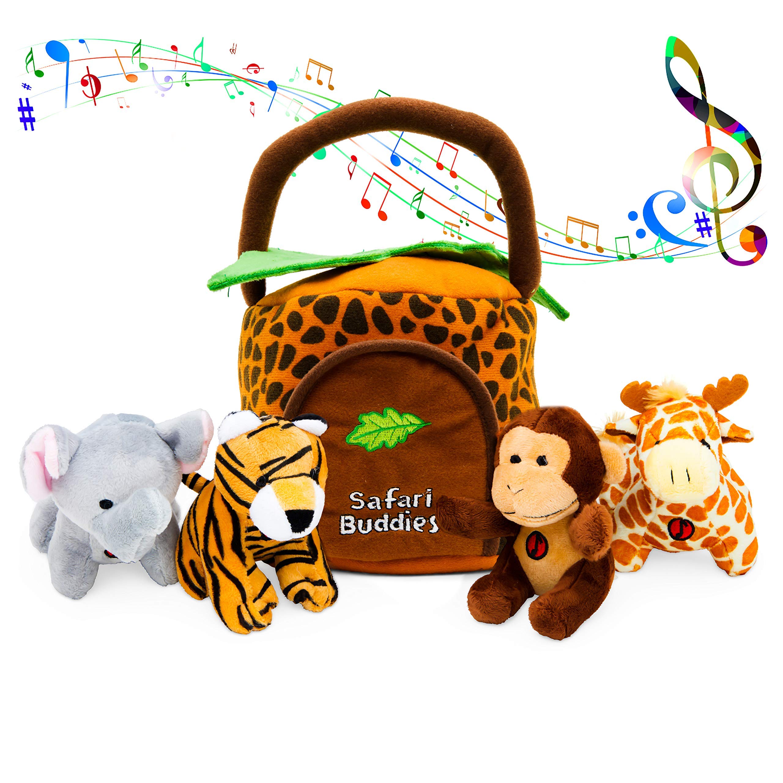 Hoovy Plush Jungle Animals Toy Set (5 Pcs) with Carrier for Kids|Stuffed Monkey, Giraffe, Tiger & Elephant|Great for Boys & Girls