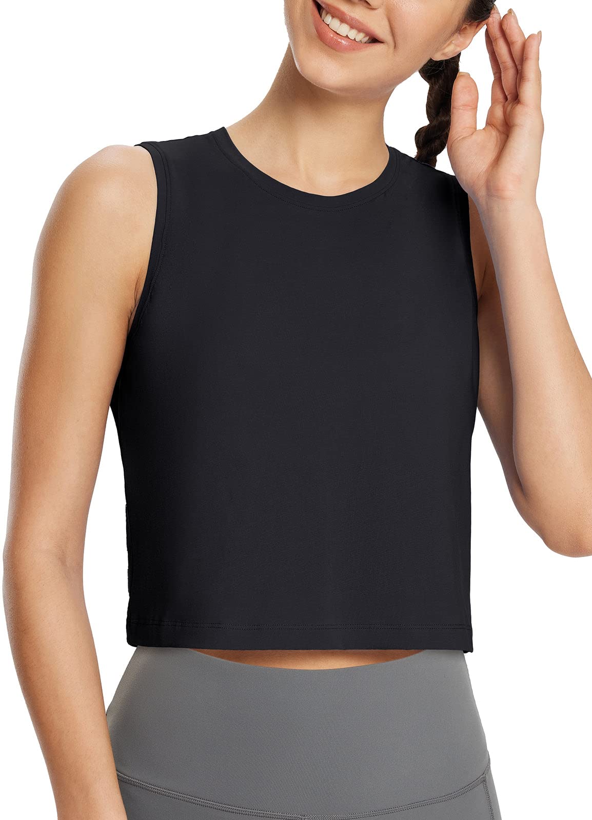 BALEAF Women's Workout Crop Tank Tops Pima Cotton Muscle Tank Sleeveless Tops Athletic Running Shirts Black S