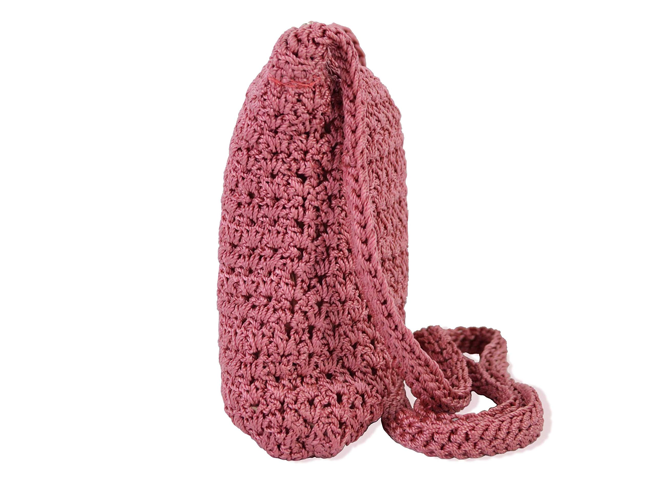 HatQuarters Boho Crochet Crossbody Handbag, Organizer Sling Bag, Small Crocheted Hippie Purse (Rose)