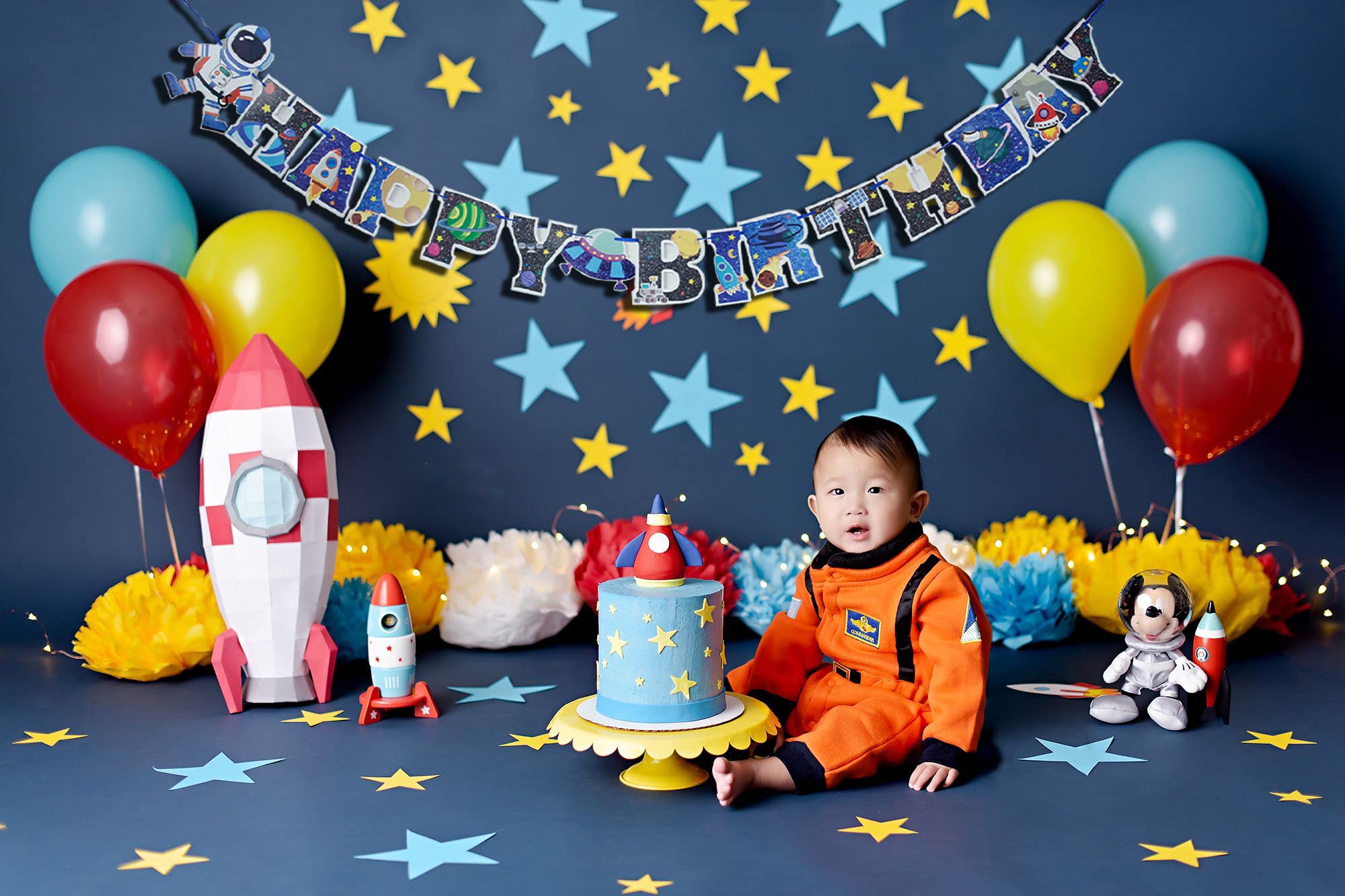 Kids Space Birthday Party banner Blue Astronaut Spaceship Theme Happy Birthday Banner Hanging Solar System Astronaut Space Theme Birthday Party Banner
