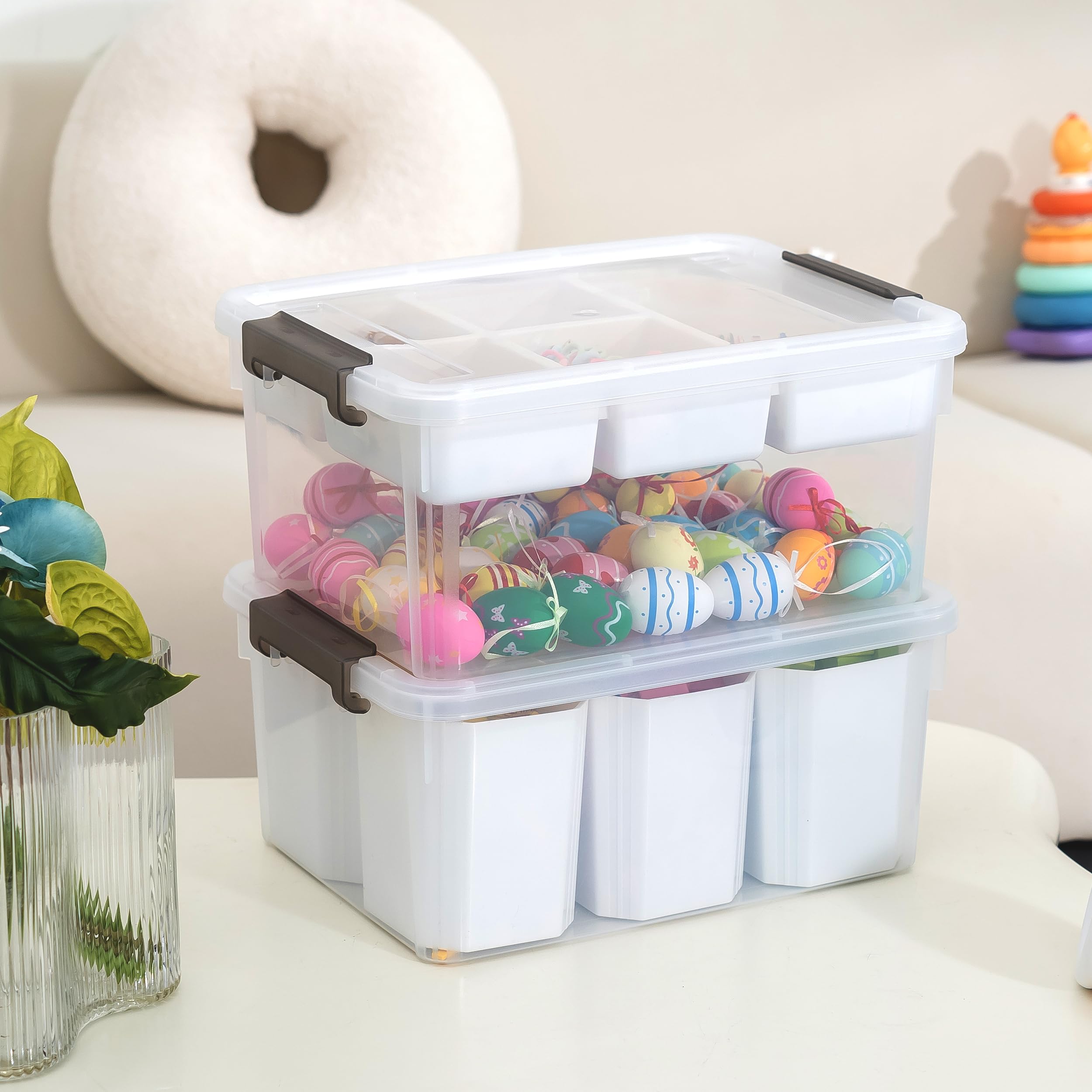 Citylife 17 QT Plastic Storage Box with Removable Tray and 6 Detachable Tall Inserts Craft Organizers and Storage Clear Storage Container for Organizing Crayon, Craft, Sewing, Playdoh