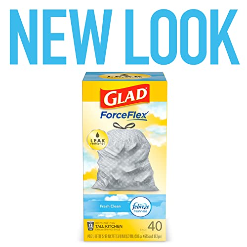 Glad OdorShield Tall Kitchen Drawstring Trash Bags, Fresh Clean, 13 Gallon, 40 Count (Packaging May Vary)