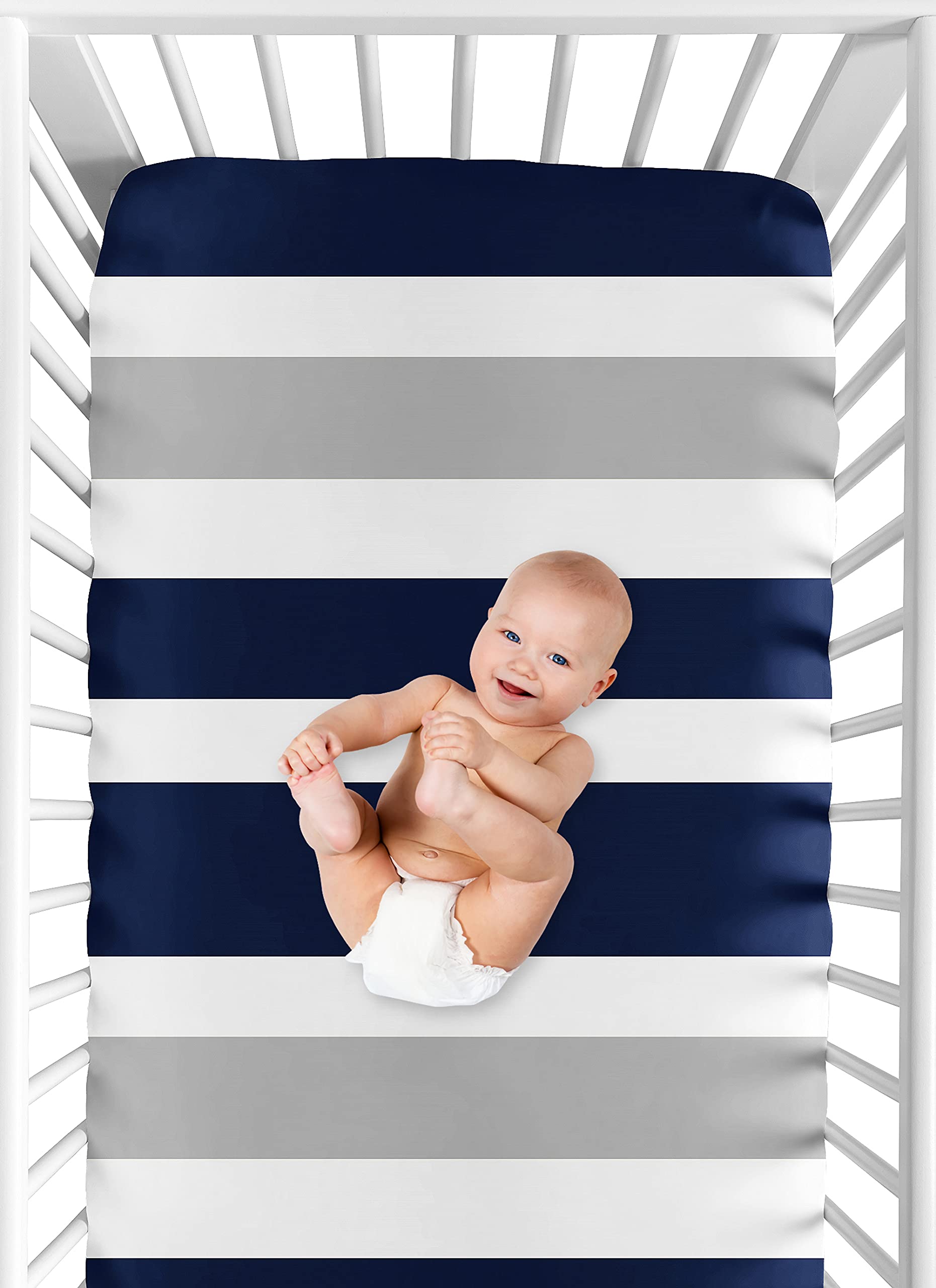 Fitted Crib Sheet for Navy and Gray Stripe Baby/Toddler Bedding - Stripe Print
