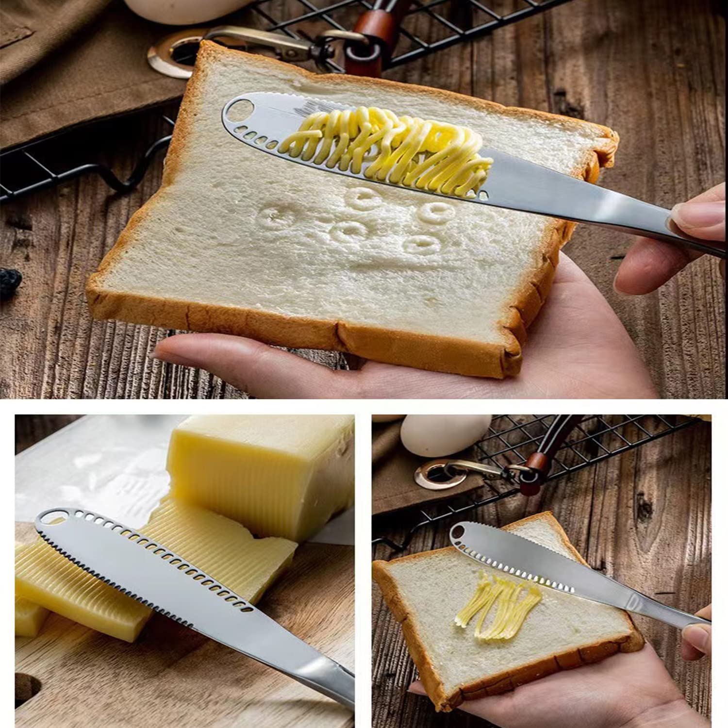 Qishing Stainless Steel Butter Spreader Knife ,Spreader Slicer and Butter Curler Knife with Serrated Edge for Cutting and Spreading Butter Cheese Jam,3 in 1 Kitchen Gadgets (2 pack)