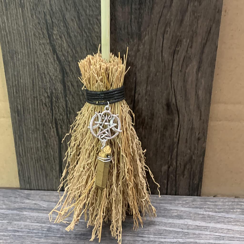 Broom Straw Witch Brooms With Hanging Crystal Pendant Decorations For Halloween Broom Accessories