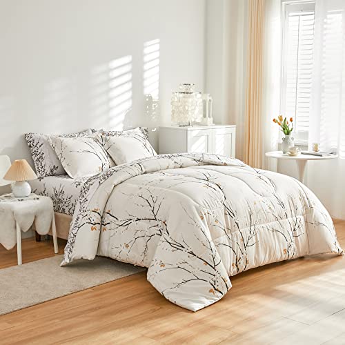 UOZZI BEDDING Cream White Bed in a Bag Twin 6 pc Branch Style All Season Soft Microfiber Reversible Bed Comforter Set (1 Comforter 2 Pillow Shams 1 Flat Sheet 1 Fitted Sheet 1 Pillowcases)