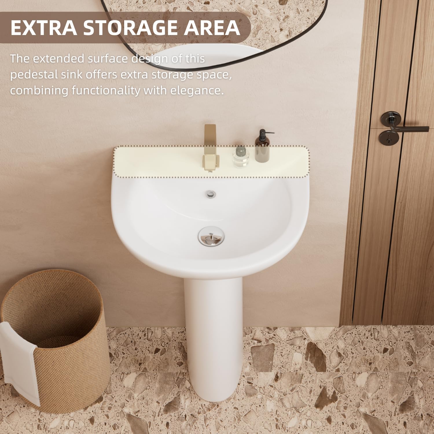 Classic Vintage Bathroom Pedestal Sink, Los Flexi 23"W x 19"D White Ceramic Freestanding Sinks for bathrooms, Overflow, 3 Pre-Drilled Holes for 4-Inch Faucets, Easy Install