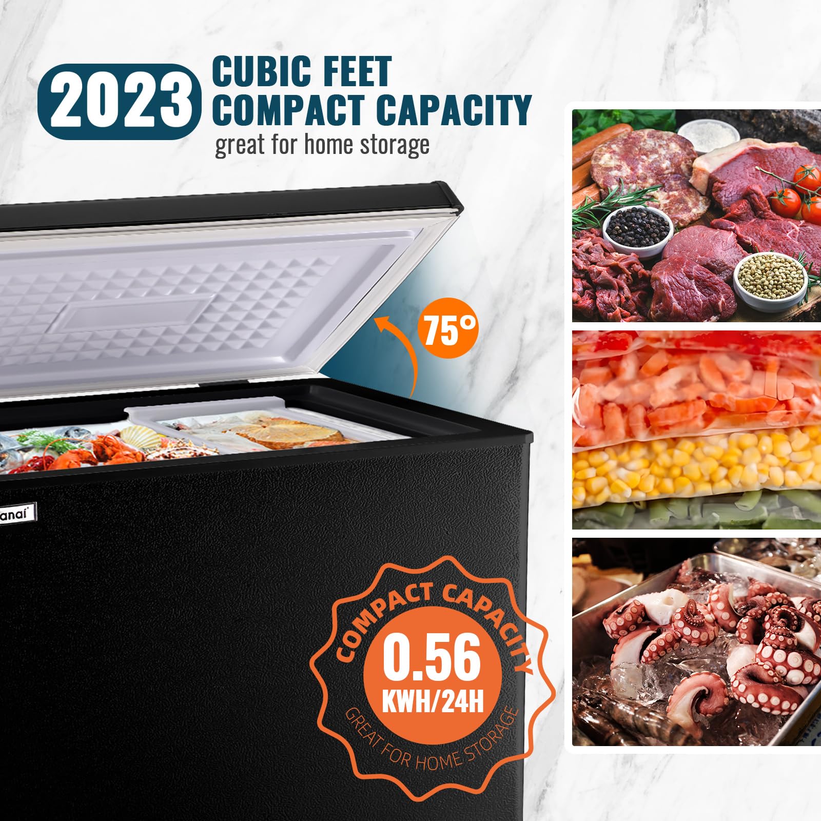 WANAI Chest Freezer Large Home Deep Freezers Black Top Door with Removable Basket Compact Freezer 7 Temperature Control Energy Saving for Home Kitchen Office Dorm Apartment
