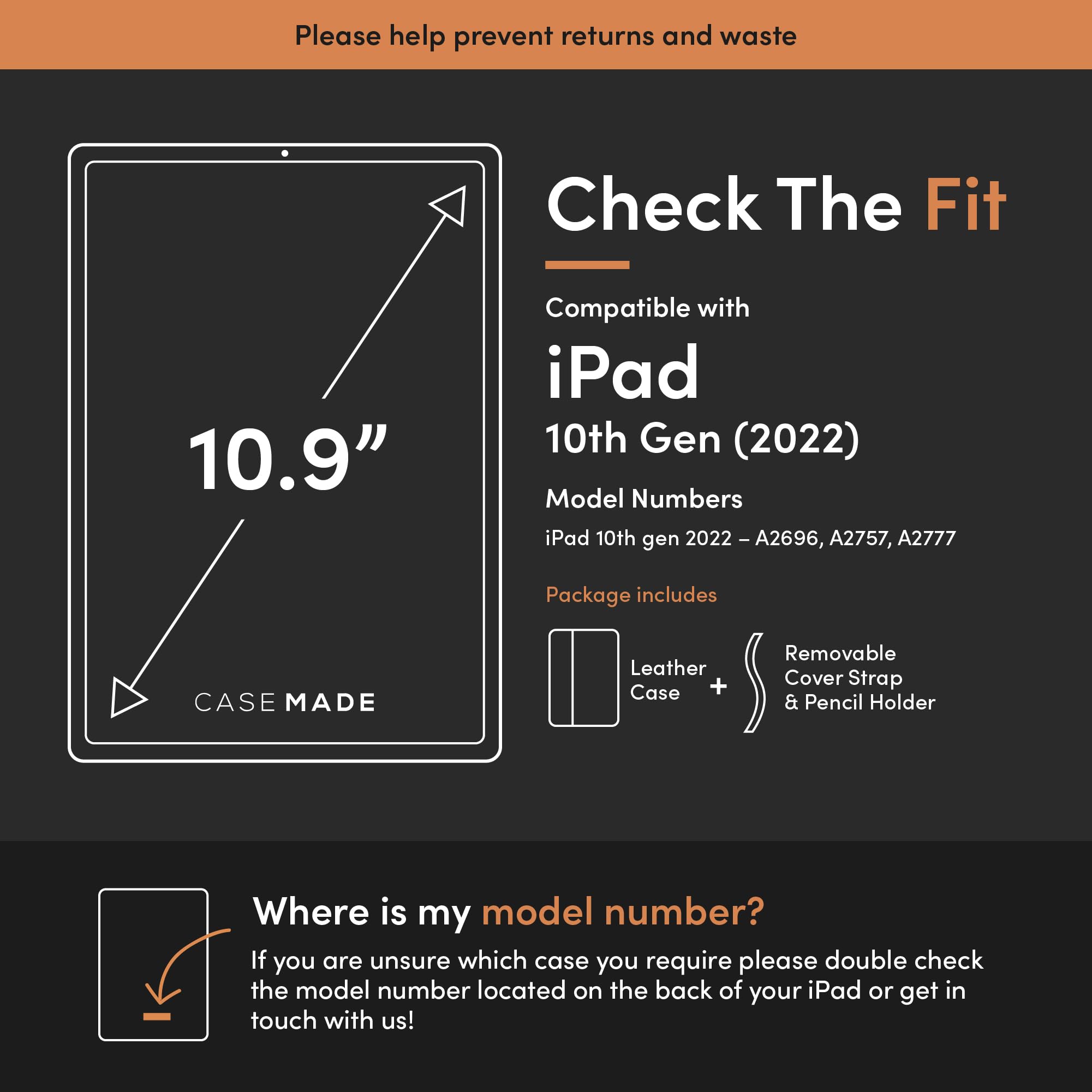 Casemade Real Leather Case Compatible with iPad 10.9β 10th Gen (2022) - Full-Grain Leather Cover, Auto Sleep/Wake, Dual Stand Position (Tan)