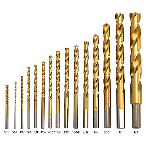 HUAZHICHUN Titanium Twist Drill Bit Set - 16 Pcs Hex Shank High Speed Steel for Wood Plastic Aluminum Alloy, Quick Change, 1/16"-1/2" ,with Indexed Storage Case