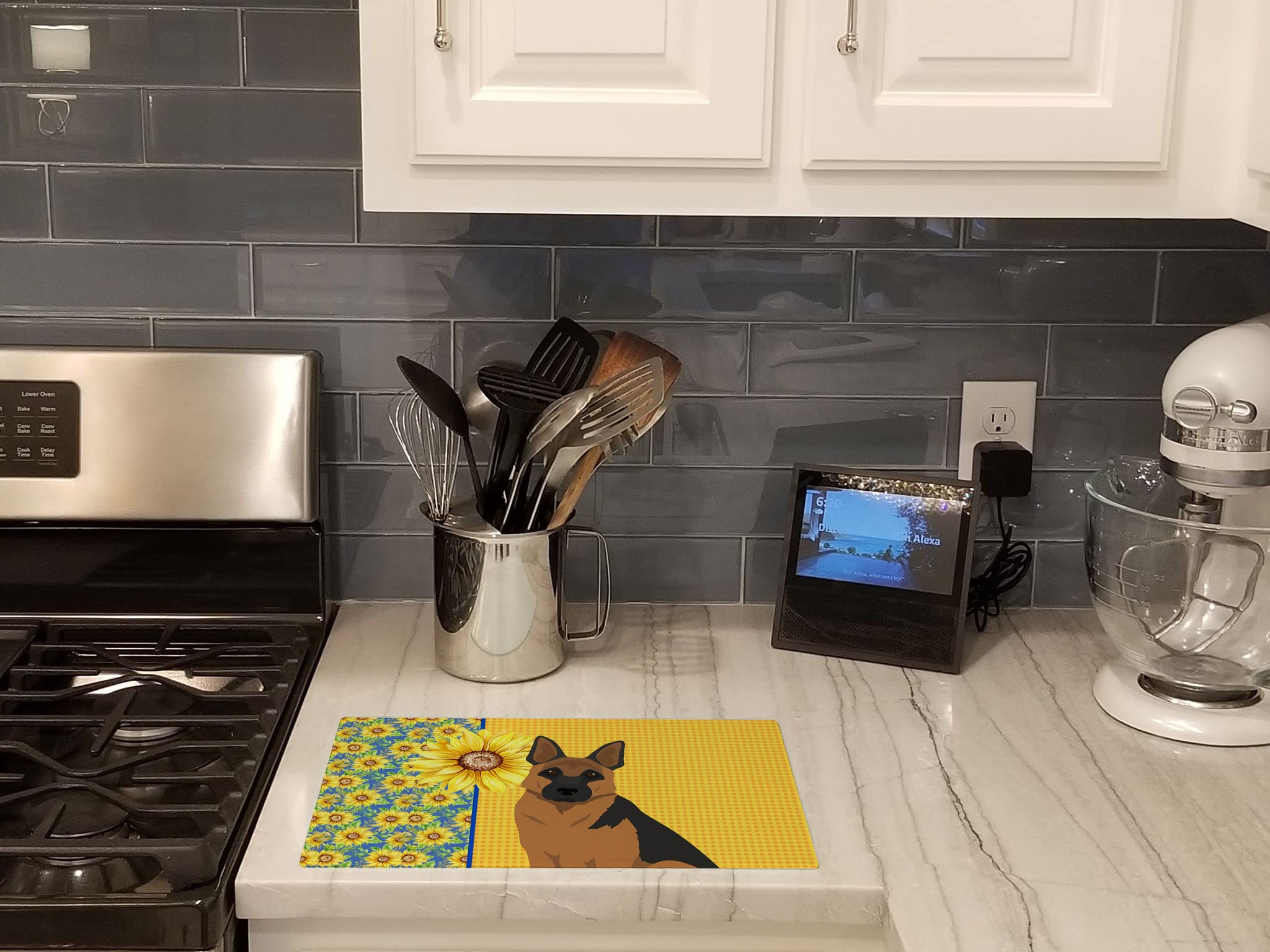 Caroline's Treasures WDK5422LCB Summer Sunflowers Black and Tan German Shepherd Glass Cutting Board Large Decorative Tempered Glass Kitchen Cutting and Serving Board Large Size Chopping Board