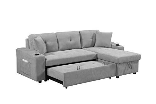 Cotoala L-Shape Sectional Sofa with Pull-Out Bed and Storage Space, Right Chaise Longue Convertible Sleeper Couch w/ 2 Cup Holders & Side Pockets, for Living Room, Apartment, 92", Gray
