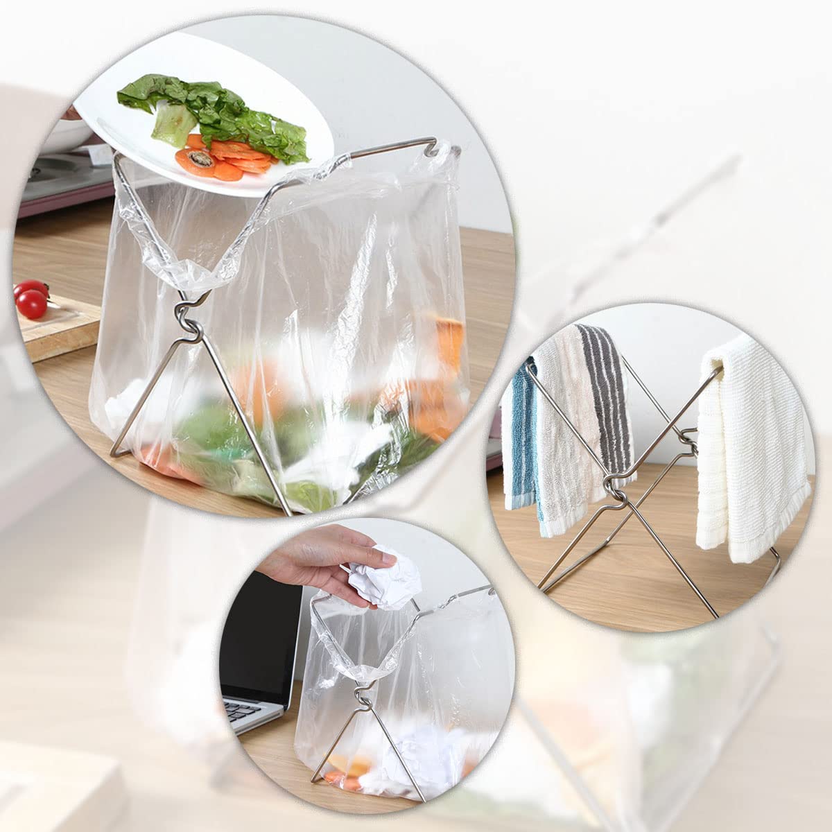 DGHAOP Desktop Trash Bag Holder Dishcloth Towel Rack Foldable Stainless Steel Garbage Bag Shelf