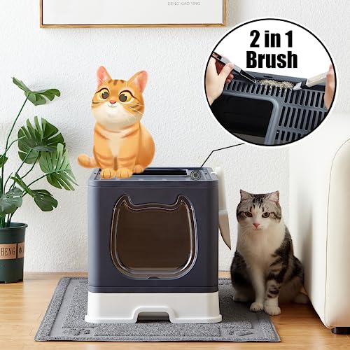 Foldable Cat Litter Box with Lid, Covered Kitten Litter Box with Kitty Litter Scoop and 2 in 1 Brush, Easy to Clean Litter Pan, Enclosed Cats Litter Box