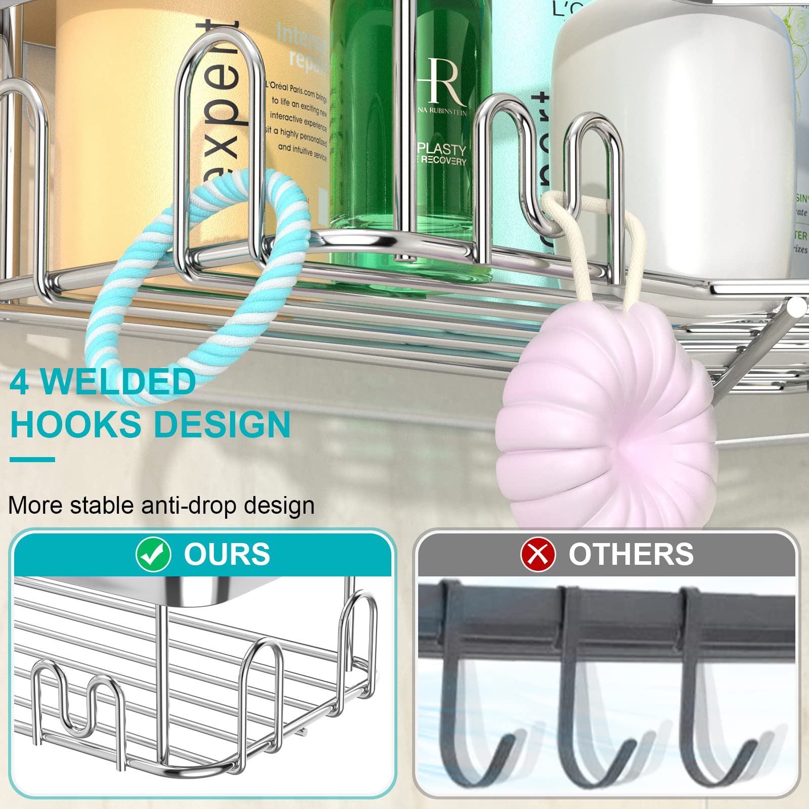 stusgo 4 Pack Corner Shower Caddy with Soap Holder, Adhesive Shower Shelves No Drilling, Rustproof Stainless Steel Bathroom Shower Organizer with Hooks, Shower Shelf for Inside Shower, Silver