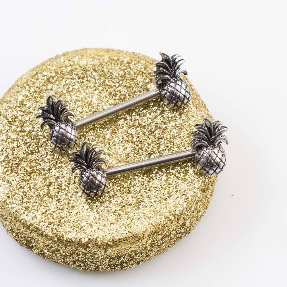 BodyJewelryOnline Pair of Nipple Barbell with Pineapple Design 14g