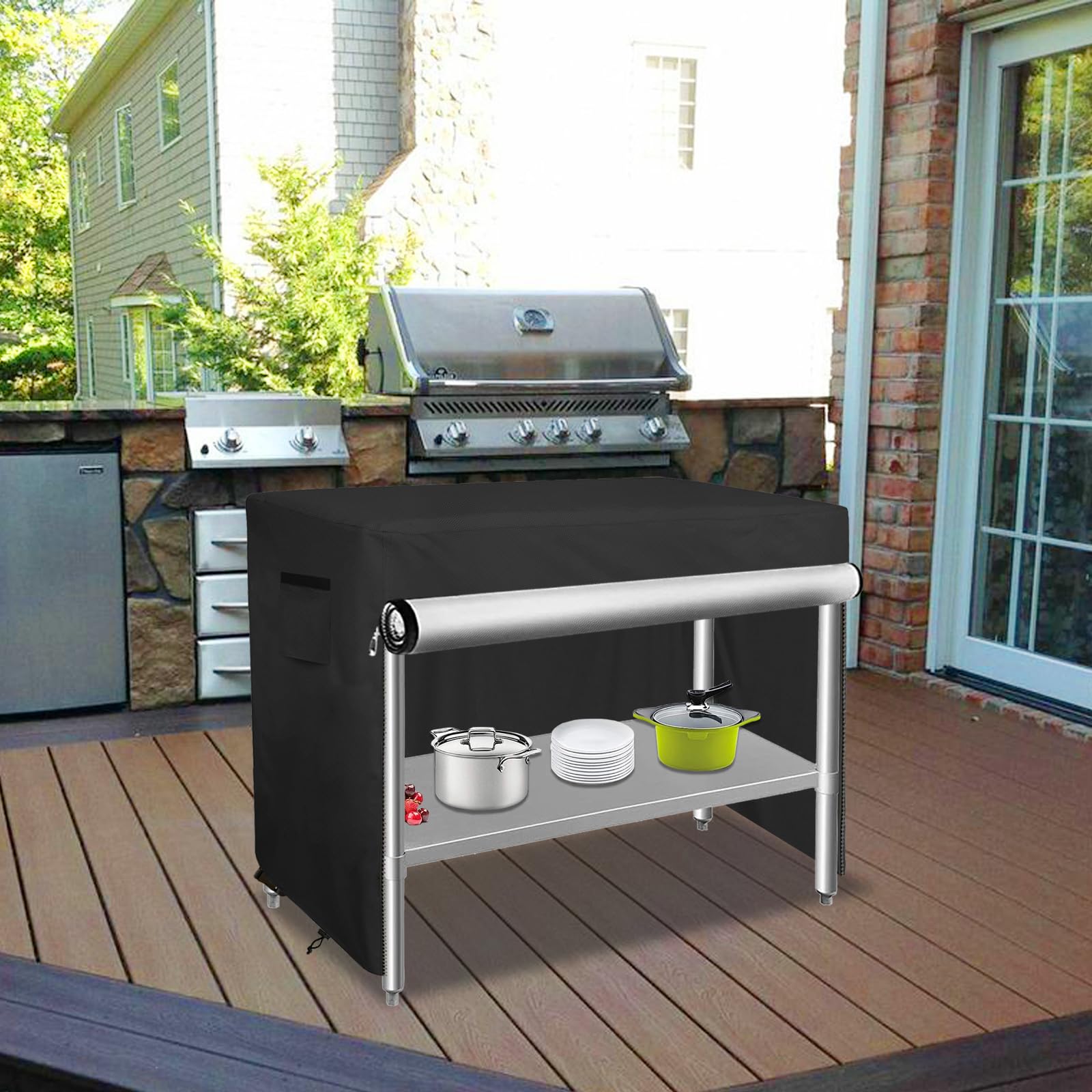 Bitubi 48 Inch Outdoor Prep Table Cover with Split Zipper, Waterproof Stainless Steel Grill Cart Cover for Patio Table - 48''L x 30''W x 35''H (Black)
