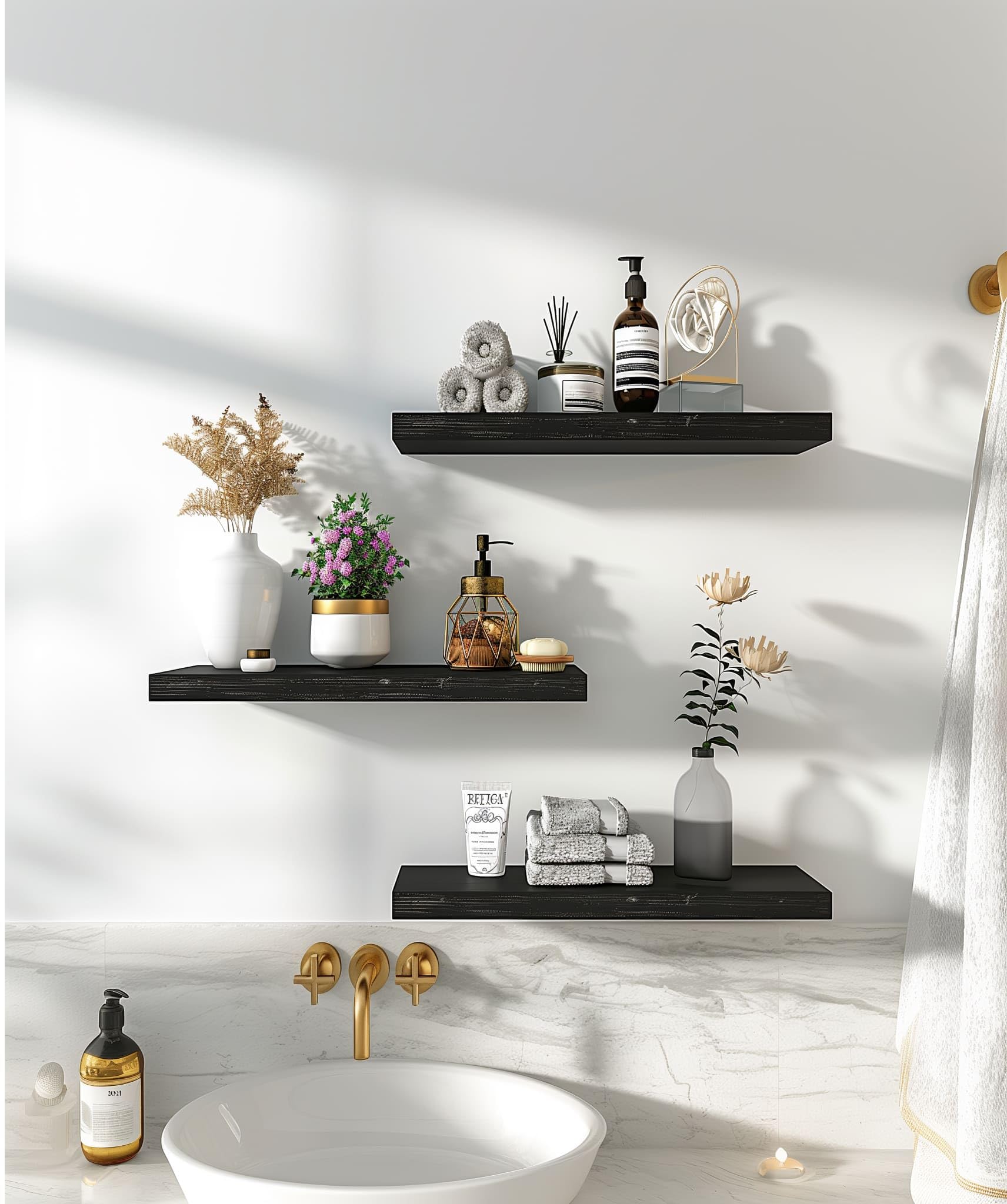 YYWUOJJ Wood Floating Shelves for Wall Decor, Rustic Wall Shelves for Bedroom Bathroom Kitchen Living Room, Set of 6 Black