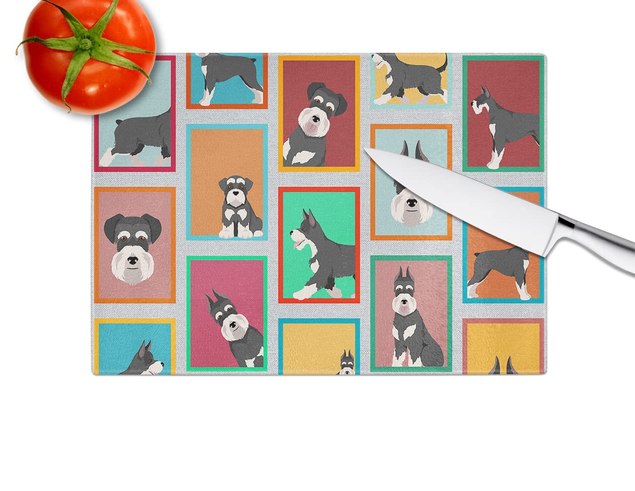 Caroline's Treasures MLM1145LCB Lots of Black and Silver Schnauzer Glass Cutting Board Large Decorative Tempered Glass Kitchen Cutting and Serving Board Large Size Chopping Board
