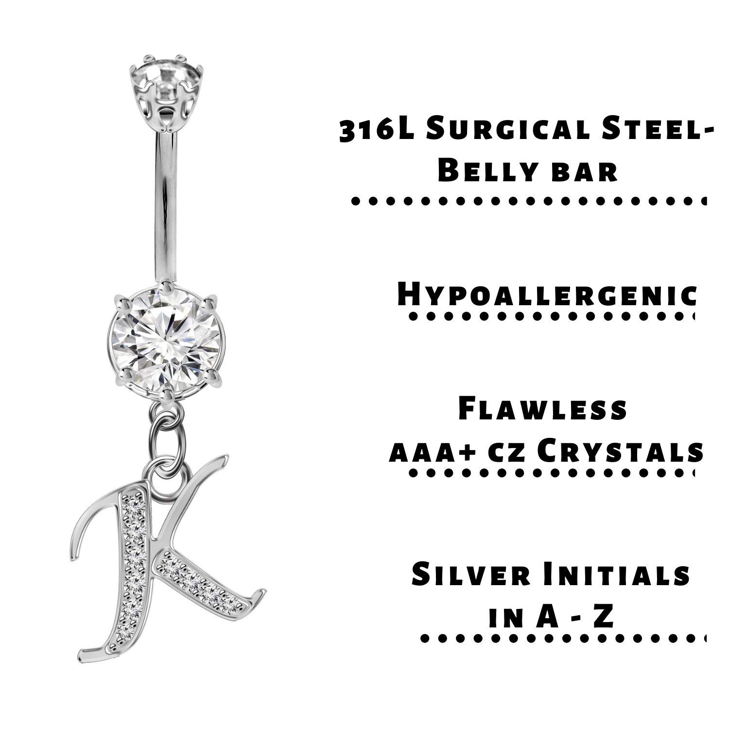 Bodytrend Initial Belly Button Rings- 316L Surgical Steel- 14G(1.6mm)- AAA+ CZ Crystals- Silver Letter A-Z Belly Button Rings - British Standard - Certified by Sheffield Assay Office