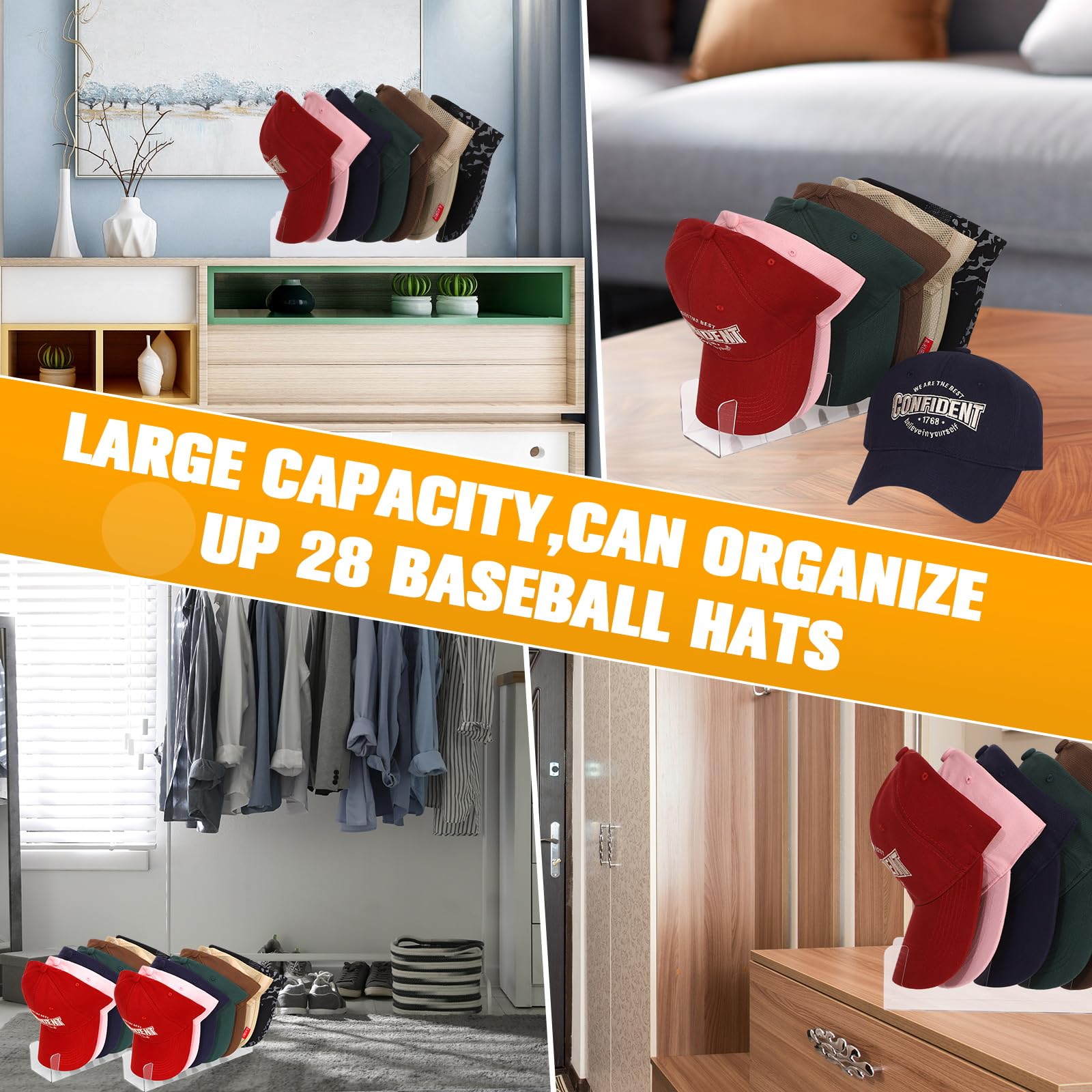 Dimber 4-Pack Hat Stand for Baseball Caps Display and Organizer, No Install Acrylic Hat Holder for 28 Baseball Caps , Hat organizer for bedroom(Clear)