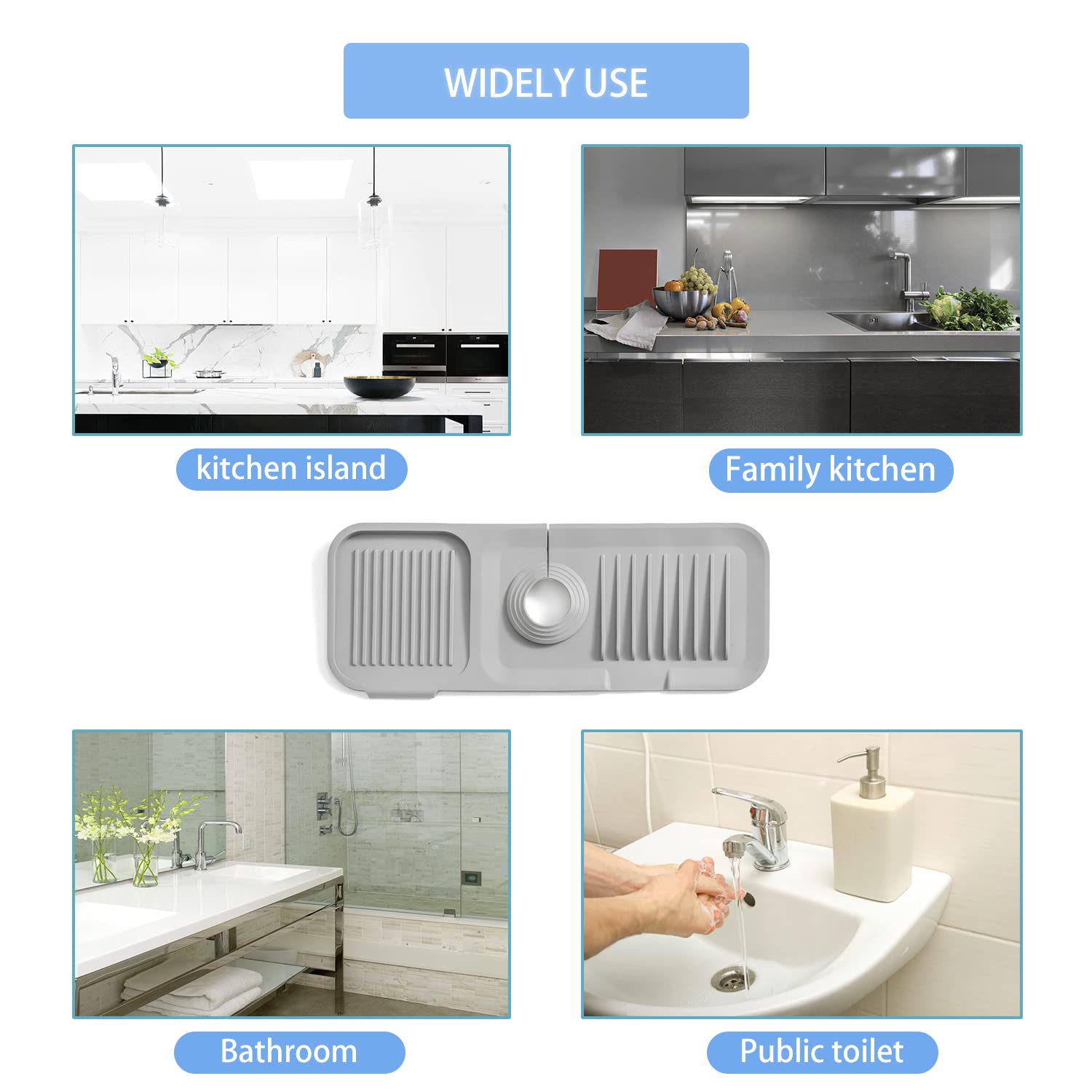 Gelecek Kitchen Sink Splash Guard, 14.6β x 5.5β Silicone Sink Faucet Mat, Sink Draining Pad Behind Faucet, Faucet Splash Catcher, Keep Kitchen and Bathroom Sinks Dry, Grey