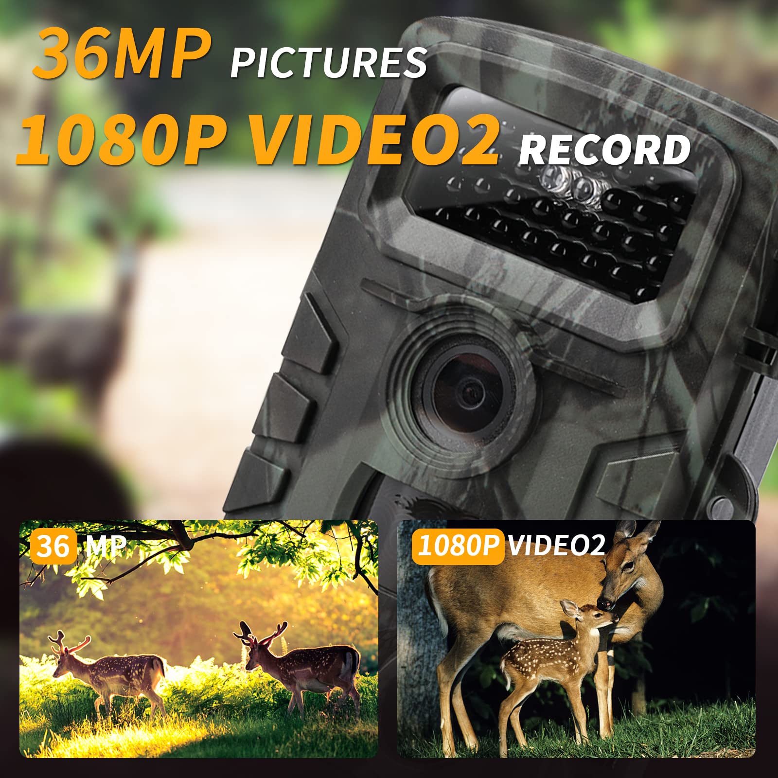 Baleyanm Trail Camera, 1080P 36MP Hunting Gear Game Camera with Night Vision Motion Activated Waterproof, Cellular Trail Camera 0.2s Trigger 120° Wide Angle Detection for Wildlife Deer Camera