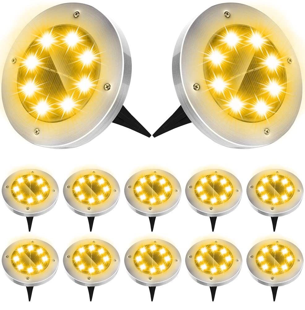 Biling Solar Disk Lights Outdoor, 12 Pack Solar Ground Lights Outdoor Waterproof for Garden Yard Patio Pathway Lawn Driveway - Warm White