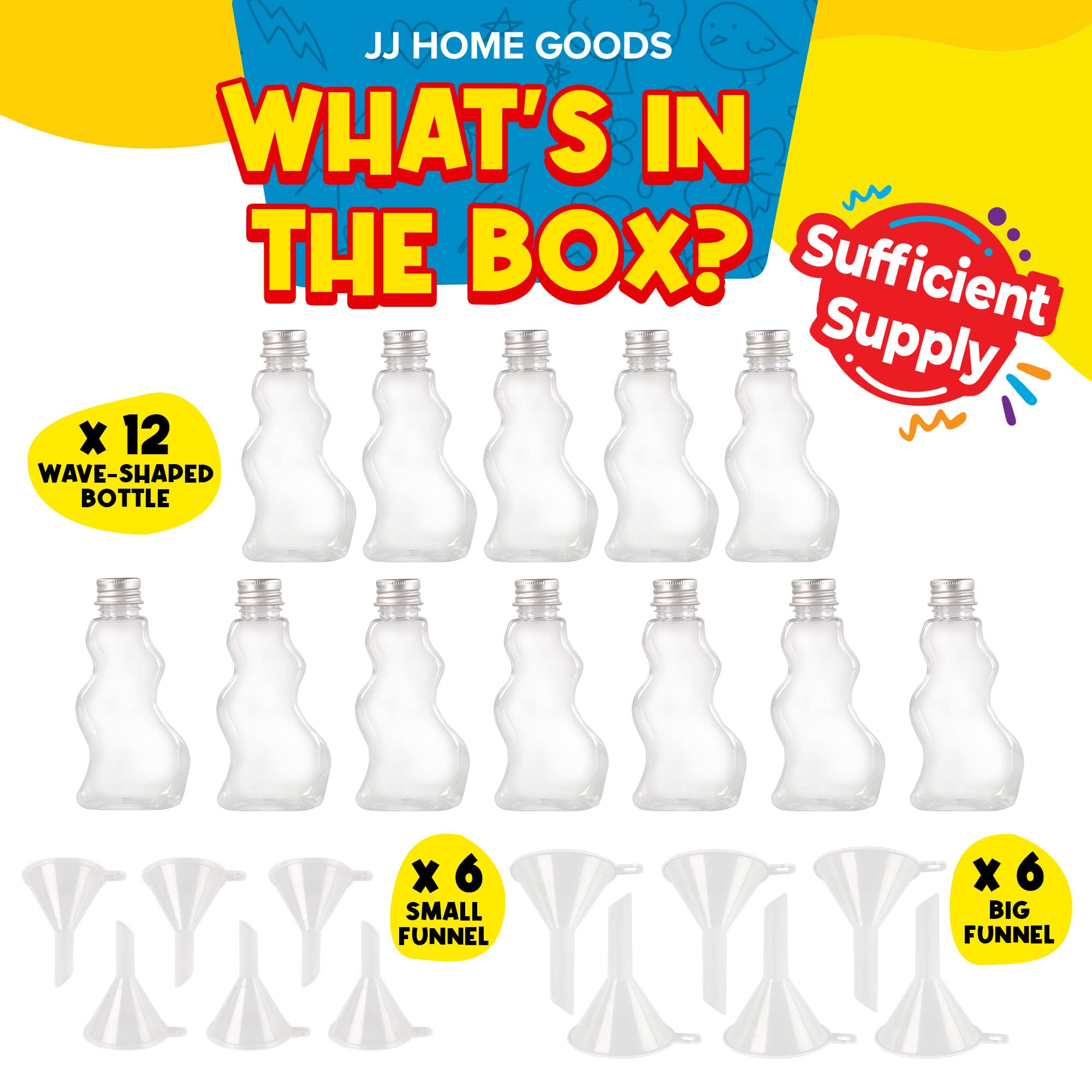 JJ CARE Sand Art Bottles [12 Wave-Shaped Sand Bottles + 6 Small & 6 Large Funnels] Plastic Sand Art Containers for Kids, Sand Art Bottles Bulk for Arts & Crafts, Sand Bottles for Sand Art Supplies