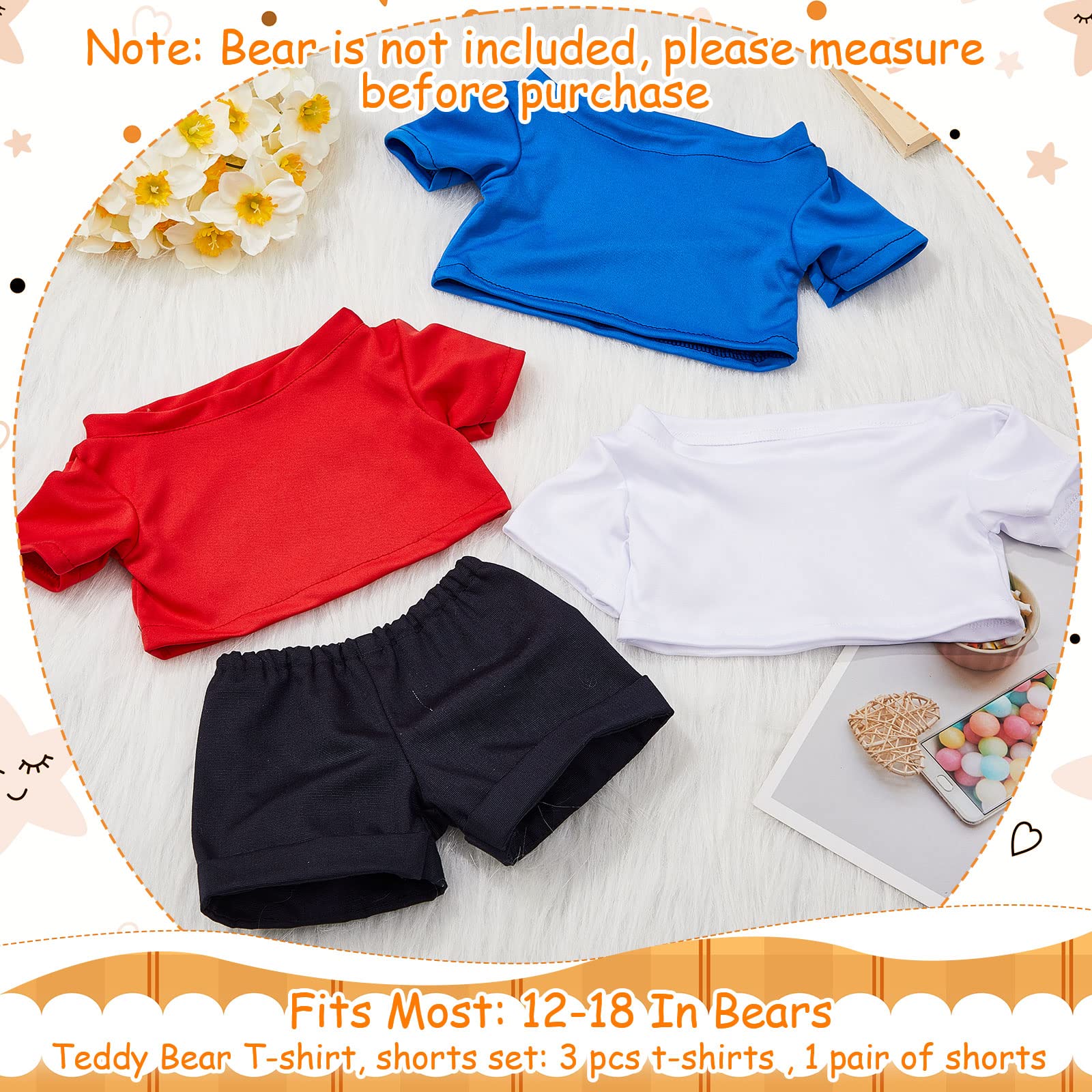 Zhanmai 3 Pack Basic Tee Shirt Bear Clothes Crew Neck Bear Shirt Classic Plush Bear T Shirt with Blue Jean Shorts, Stuffed Animal Clothing Accessories