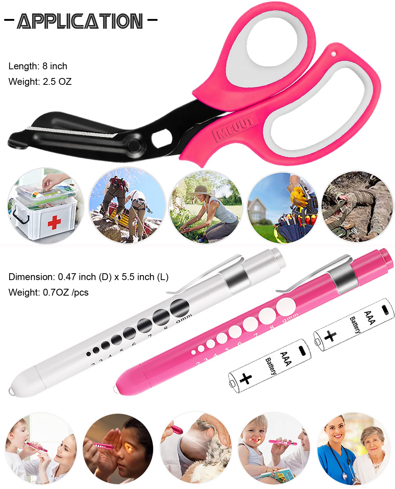 MEUUT 3 Pack Penlight & Medical Scissors- One 8 Inches Patented Trauma Shears Two LED Pen light with Four Batteries - Bandage Scissor for- Nurse, First Aid, EMT, Doctor