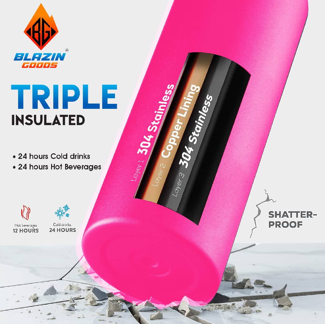Blazin Goods 24oz Stainless Steel, Leak Proof, Vacuum Insulated Stainless Steel, Double Walled Water Bottle | 3 Lids, 2 Straws, 1 Wire cleaning brush (Pink)