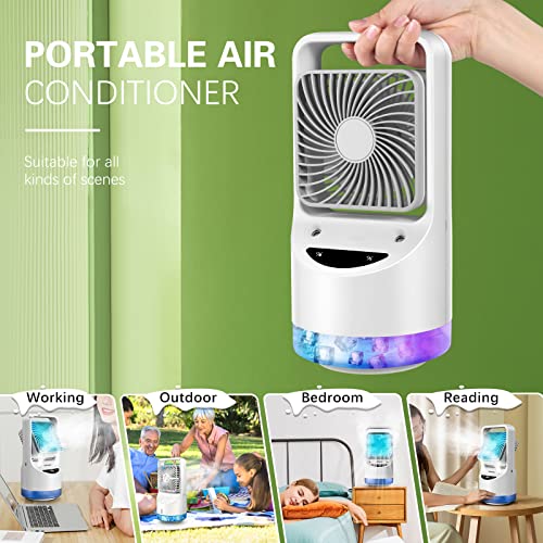 Portable Air Conditioner Fan, Rechargeable Evaporative Air Cooler, Personal Air Cooler Humidifier with 3-Speed, 90° Oscillating, 7 Colors Light, Aroma Discs, Desk Cooling Fan for Home Office Camping