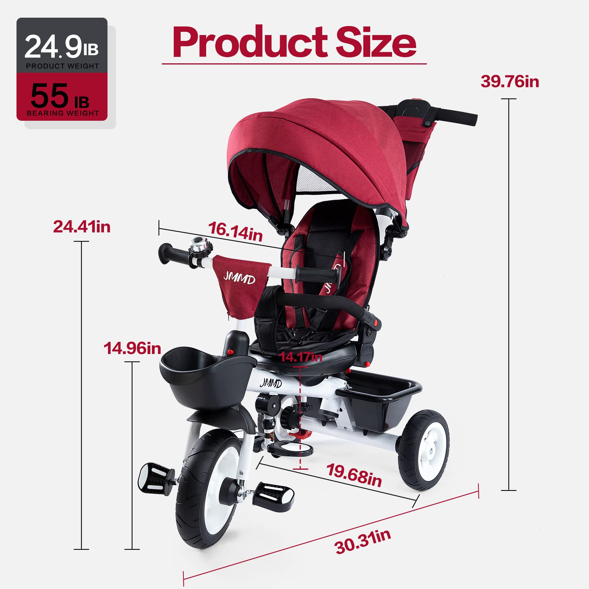 JMMD Baby Trike, 6-in-1 Kids Stroller Tricycle with Adjustable Push Handle, Removable Canopy, Safety Harness for 6 Months - 5 Year Old(Red)