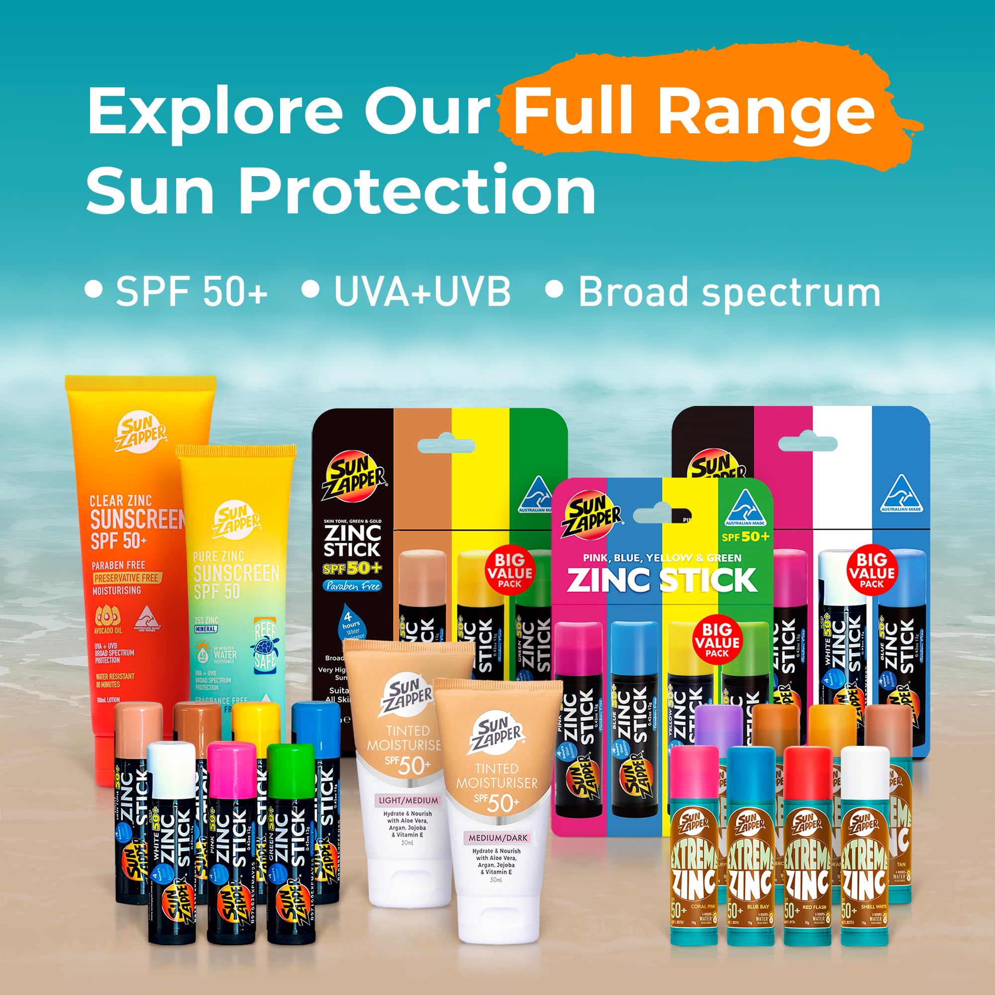 Sun Zapper Zinc Oxide Mineral Sunscreen Stick – SPF 50+ Water Resistant – Light Skin Tone (Bronze/Tan) – 12g (0.42 Oz) – For Face & Body – Adults & Kids – Made in Australia