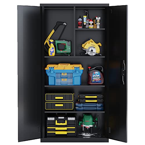 DHMAKER Metal Garage Storage Cabinet with 2 Doors, 72" Tall Locking Steel Storage Cabinet with Adjustable Shelves, Utility Storage Cabinet with Lock for Garage, Office, Home (Black)