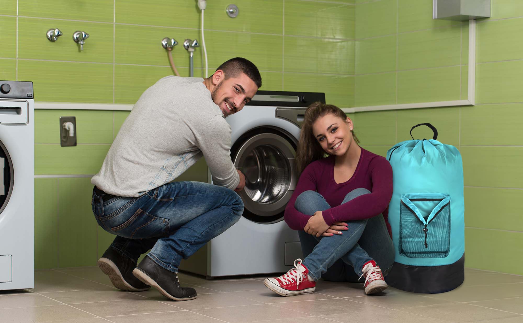 Laundry Bag Backpack with Shoulder Straps and Mesh Pocket Laundry Backpack Large Portable Laundry Hamper for College Laundromat Apartment with Drawstring Closure, Adjustable Back Straps (Turquoise)