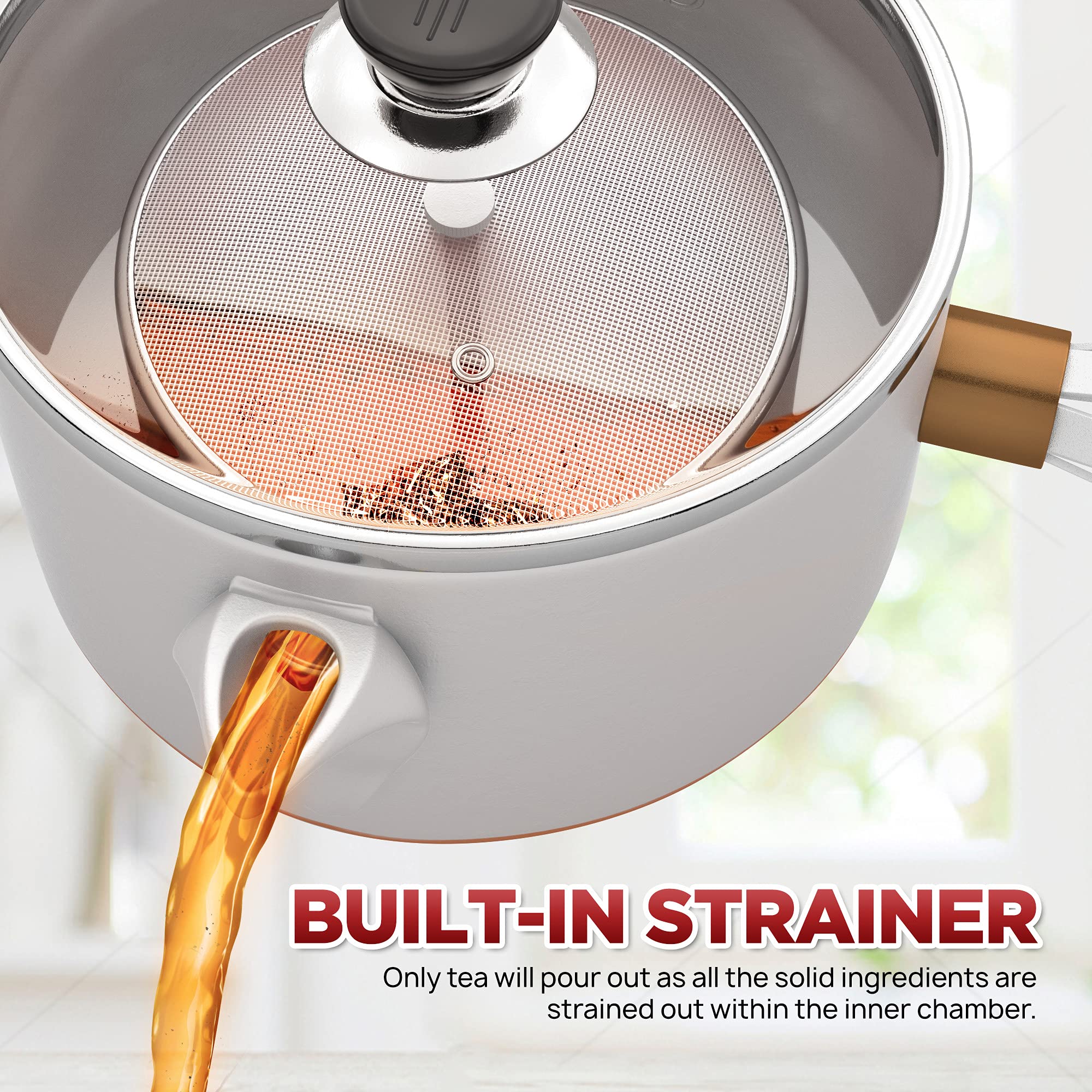BruChai Brewer - Classic Chai Brewing Pot with Built-In Mesh Strainer - No-Mess Brewing Vessel with Non-Stick Coating - Patented Handy Brew & Pour Steel Teapot with Burn-Proof Handle