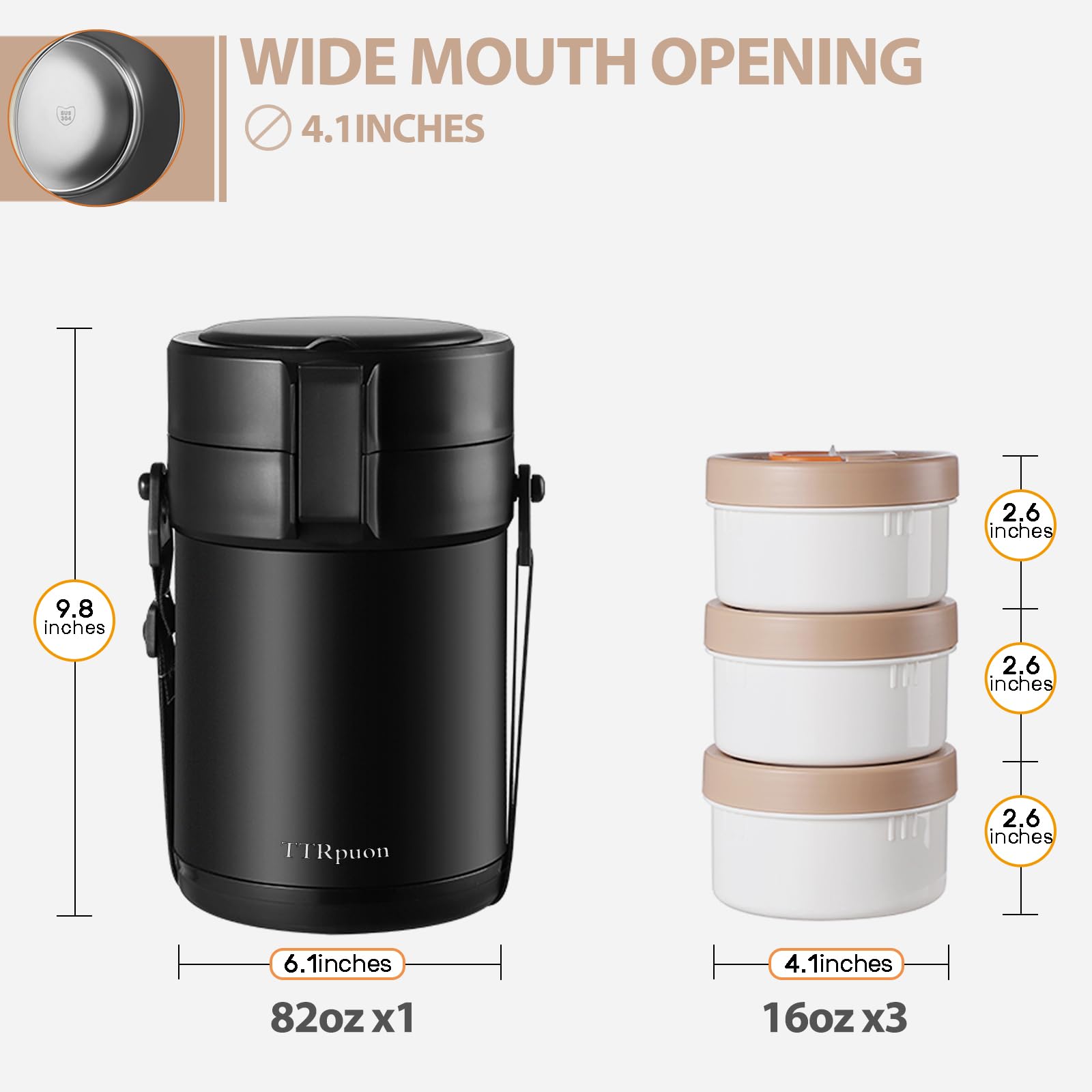TTrpuon 82oz Thermos Container For Hot Food, 3 Tier Wide Mouth Insulated Stackable Food Container, lunch box for Work Office Outdoors Picnic (black)
