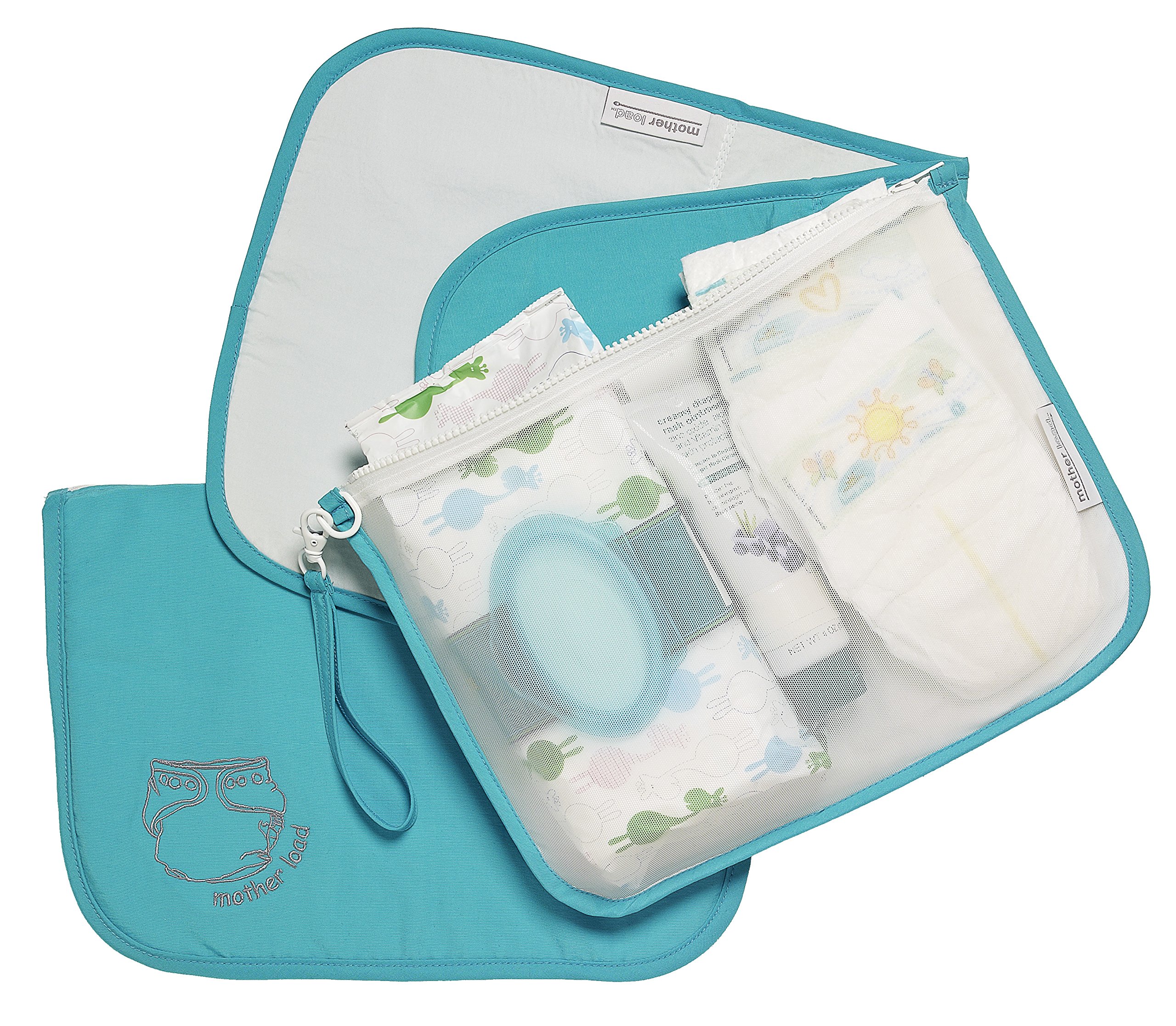 MOTHER LOAD Turquoise Diaper Bag Organizer for Diapers, Wipes and Cream, Machine Washable, Diaper Organizer with Changing Pad & Wrist-let. A Mommy Must Have for All Babies Needs
